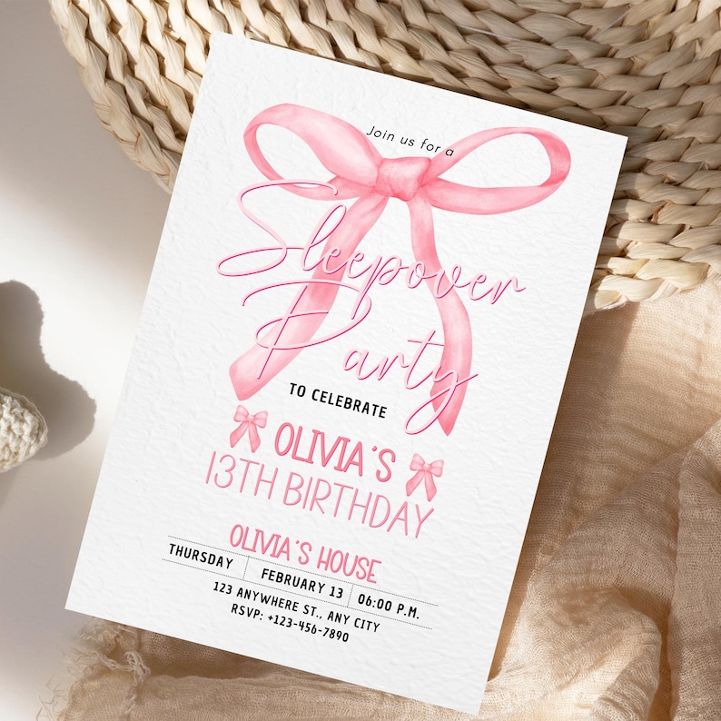 Coquette Sleepover Birthday Invitation, Pink Slumber Party, Canva ...