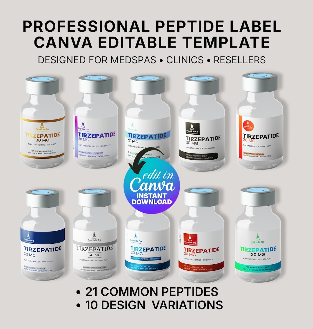Peptide Label Template Canva Editable, Peptide 3 Ml Vial Labels, GLP-1 ...