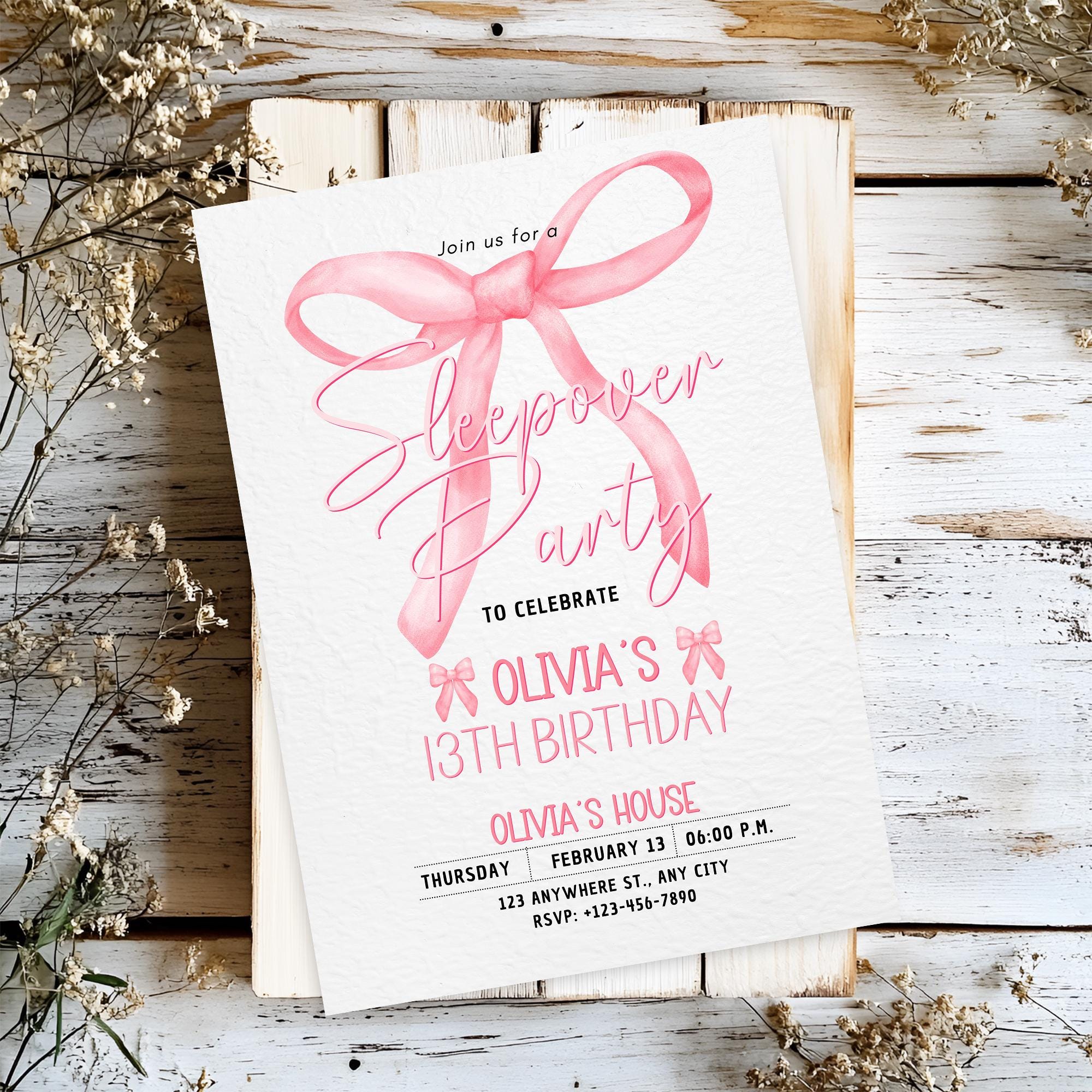 Coquette Sleepover Birthday Invitation, Pink Slumber Party, Canva ...
