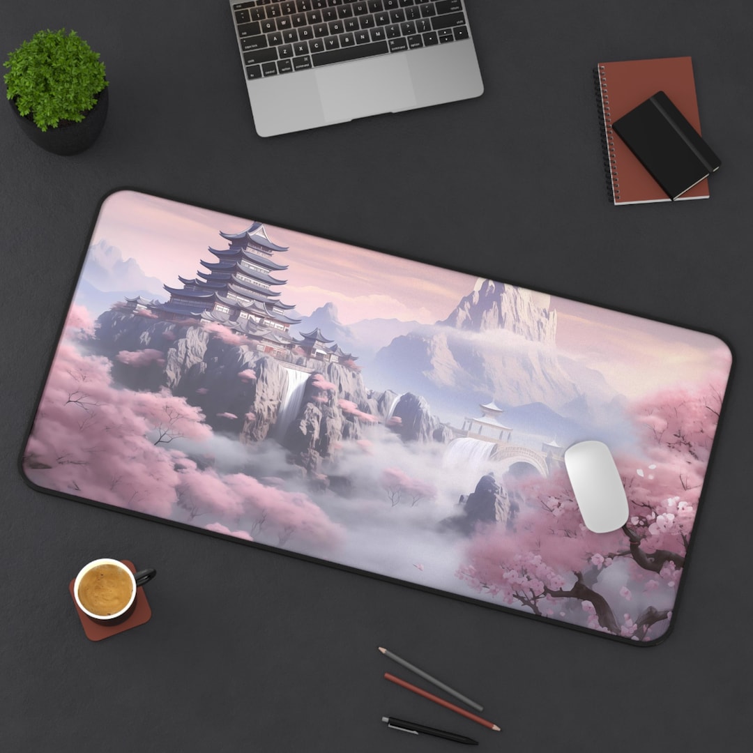 Dreamy Japanese Temple Sakura Desk Mat Asian-inspired Mouse Pad for ...