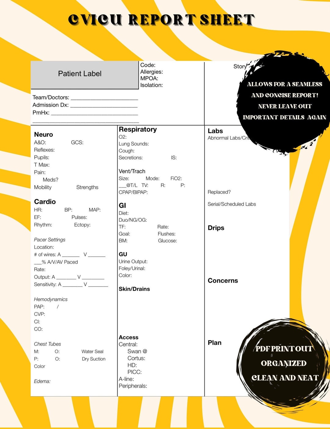 CVICU Report Sheet| RN Handoff Tool| Critical Care PCU| Brain Sheet ...