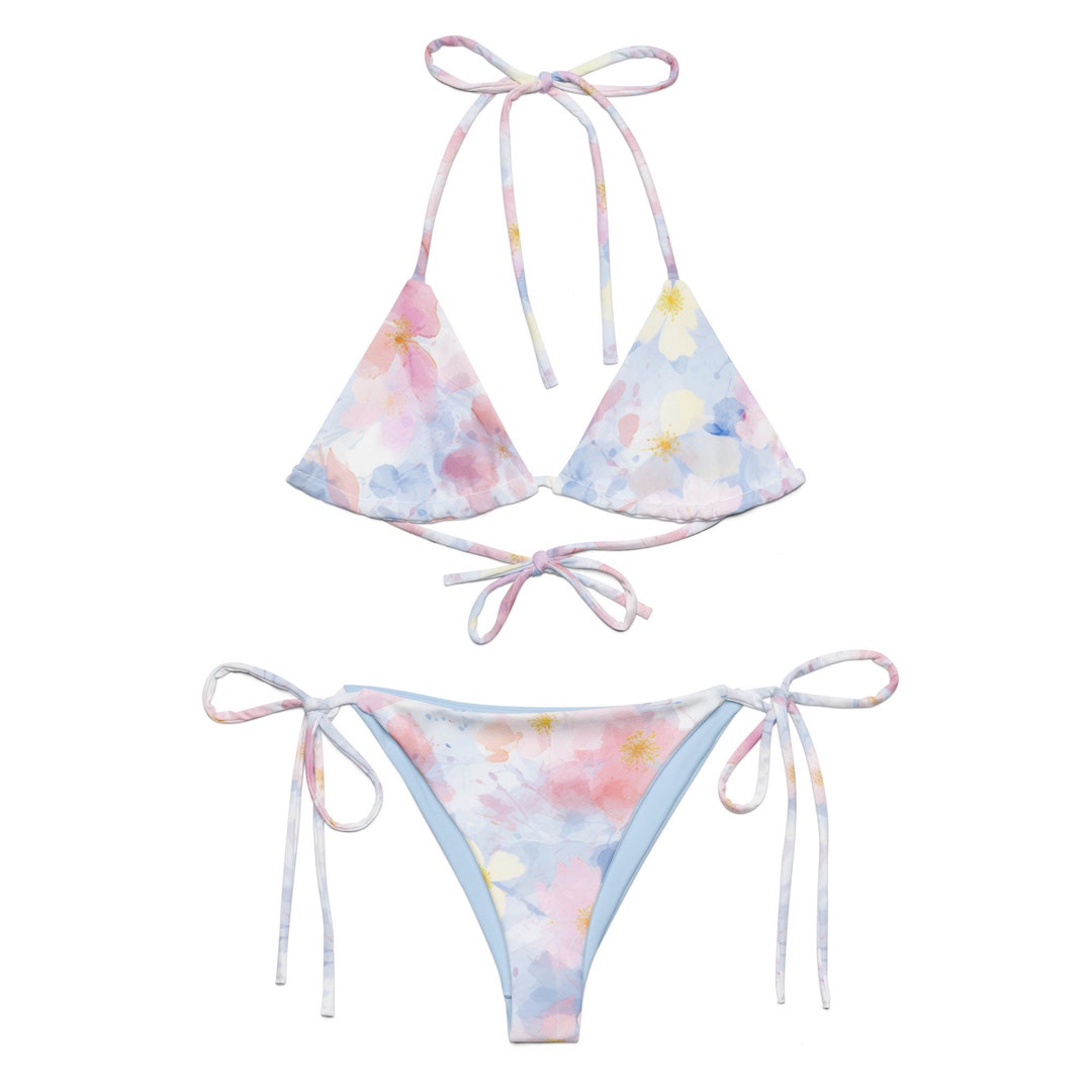 WATERCOLOR FLORAL BIKINI Colorful Pastel Flower Print String Bikini Set ...