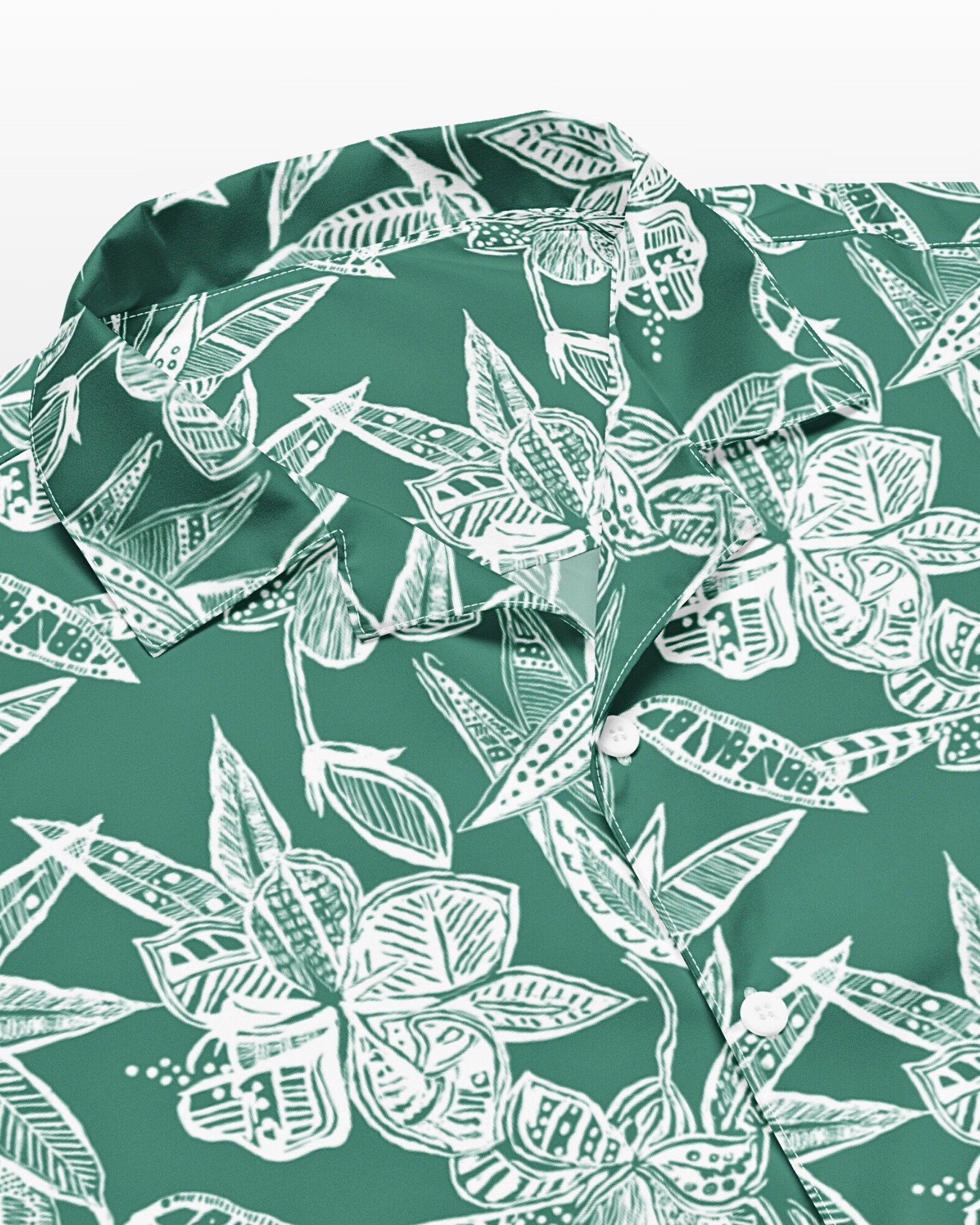 Mens Short Sleeve Button up Collar Shirt - Fun Green Floral Print ...