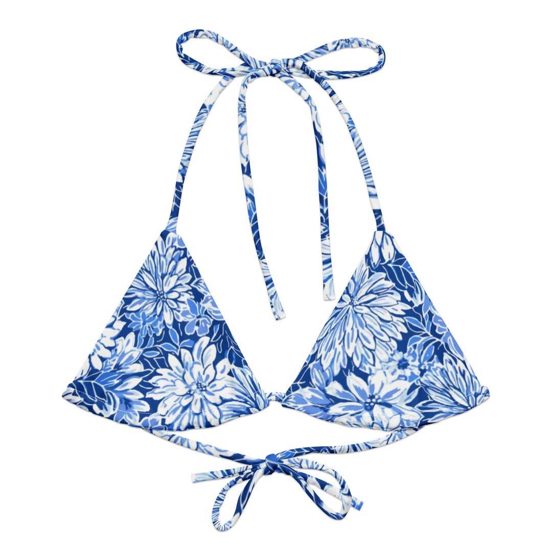 Tropical Floral Print String Bikini Top Blue White Womens Minimal ...