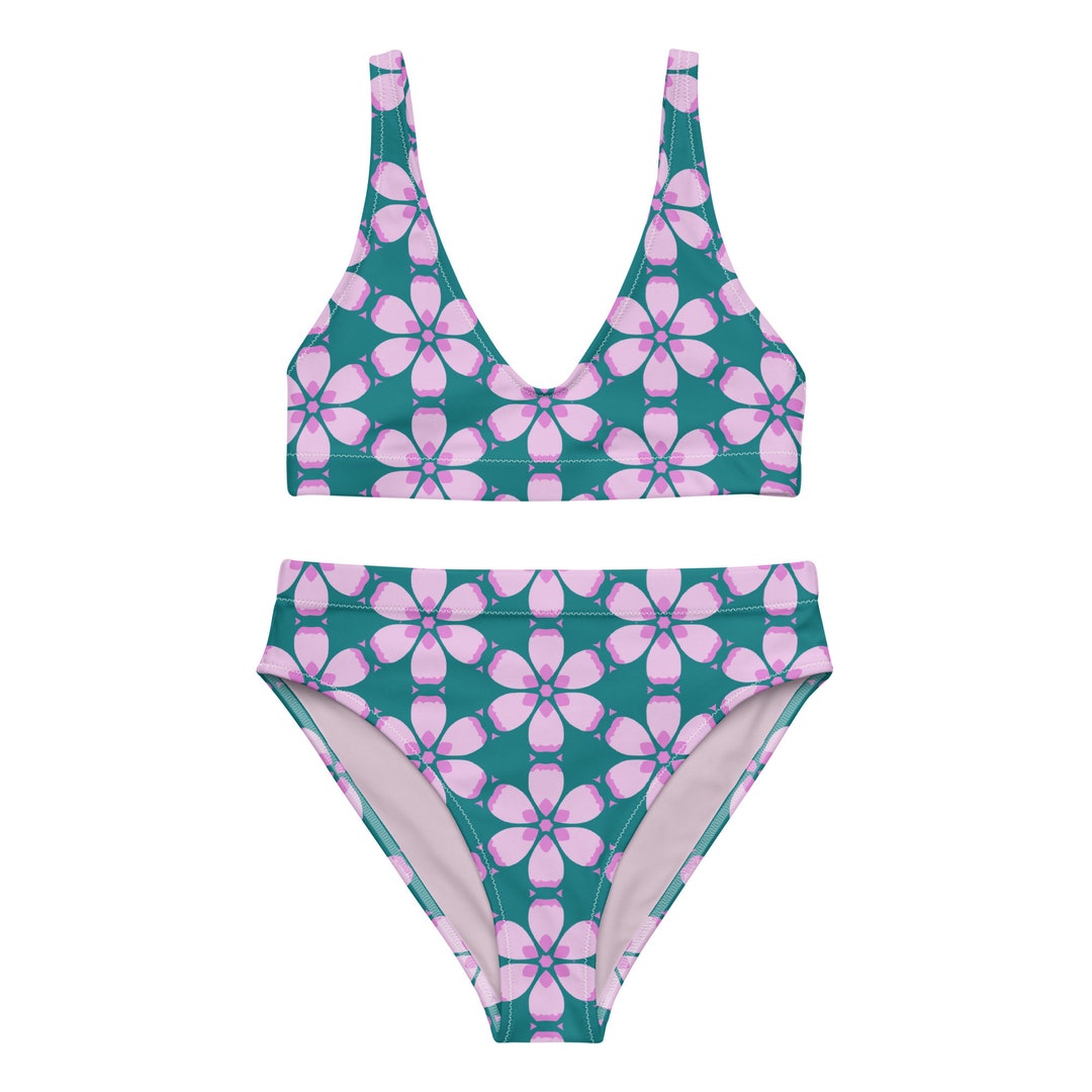Tropical Floral Bikini Hawaiian Print High Waist Bikini Set Womens