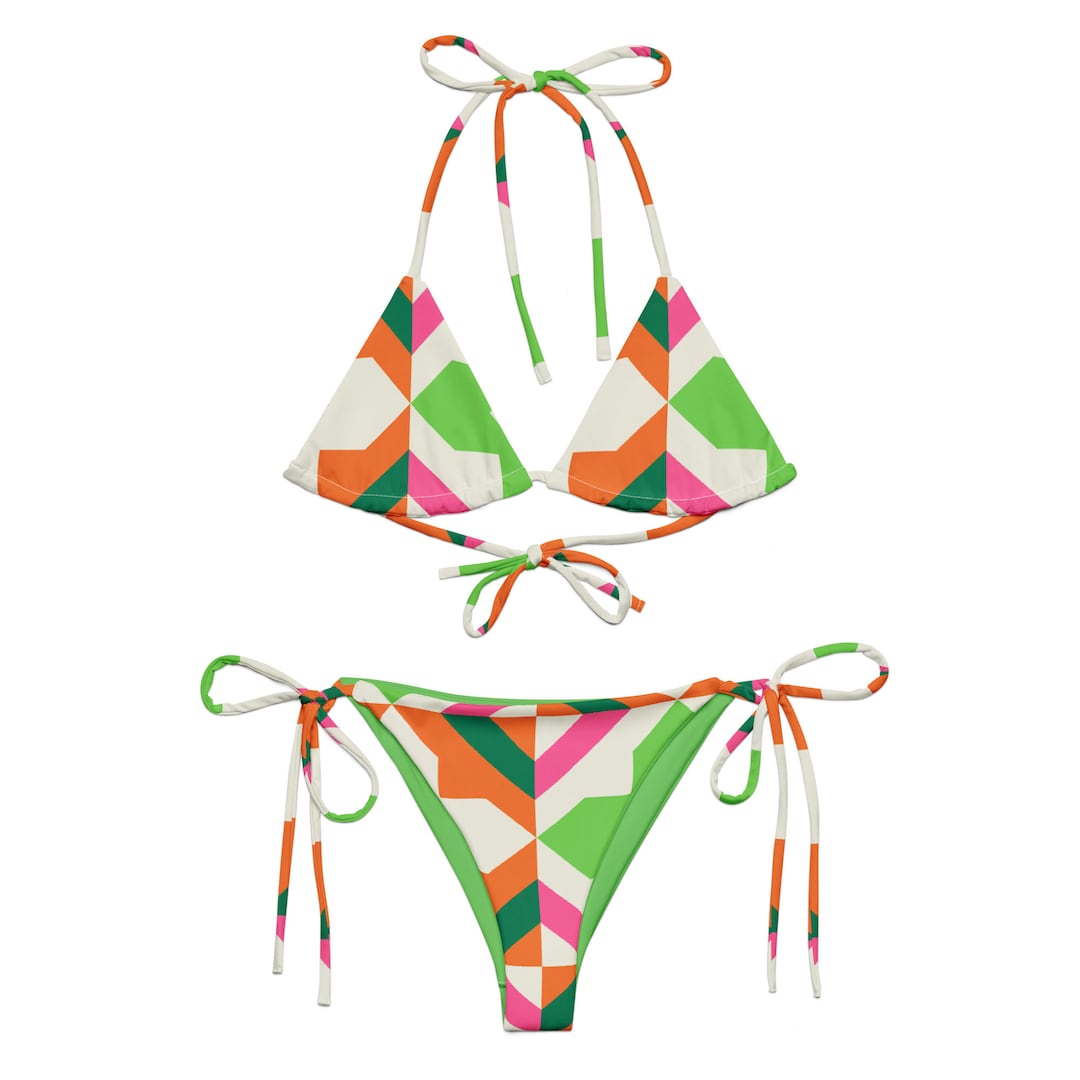 Retro Style Side Tie String Bikini Set Green & Orange Womens Minimal ...