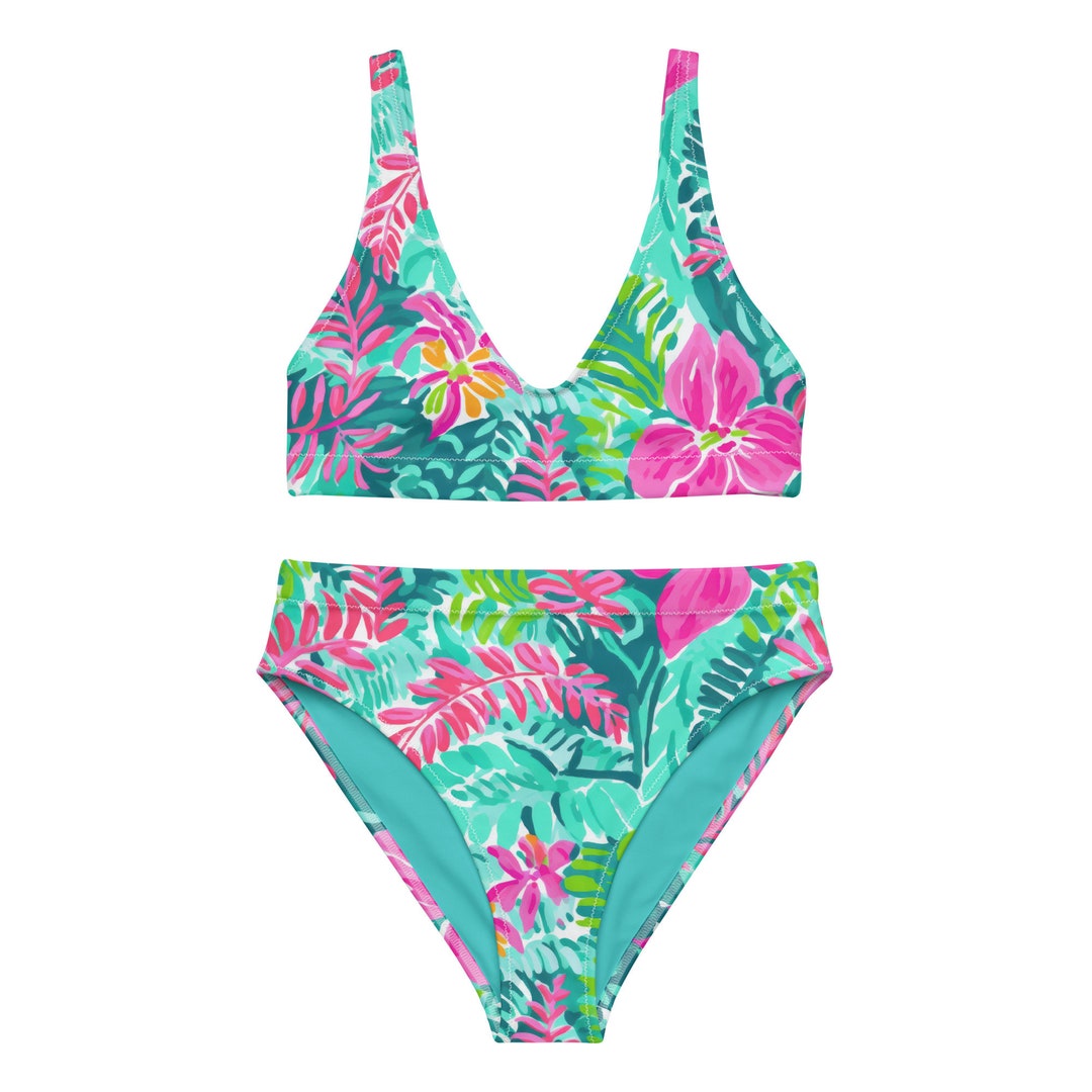 Tropical Floral Print High Waisted Two Piece Bikini Set Womens Minimal