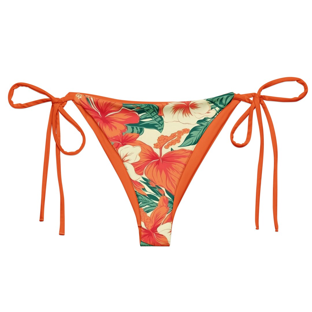 Tropical Floral Side Tie String Bikini Bottom Orange Hibiscus Hawaiian ...
