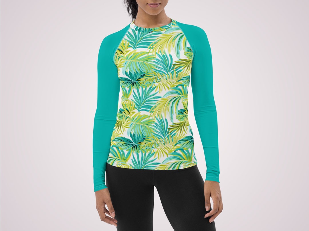 Tropical Leaves Print Long Sleeve Rash Guard Top Teal Green Womens ...