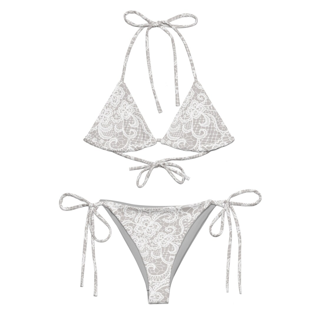Lace Print Bikini Soft Gray And White Print Classic String Bikini Set