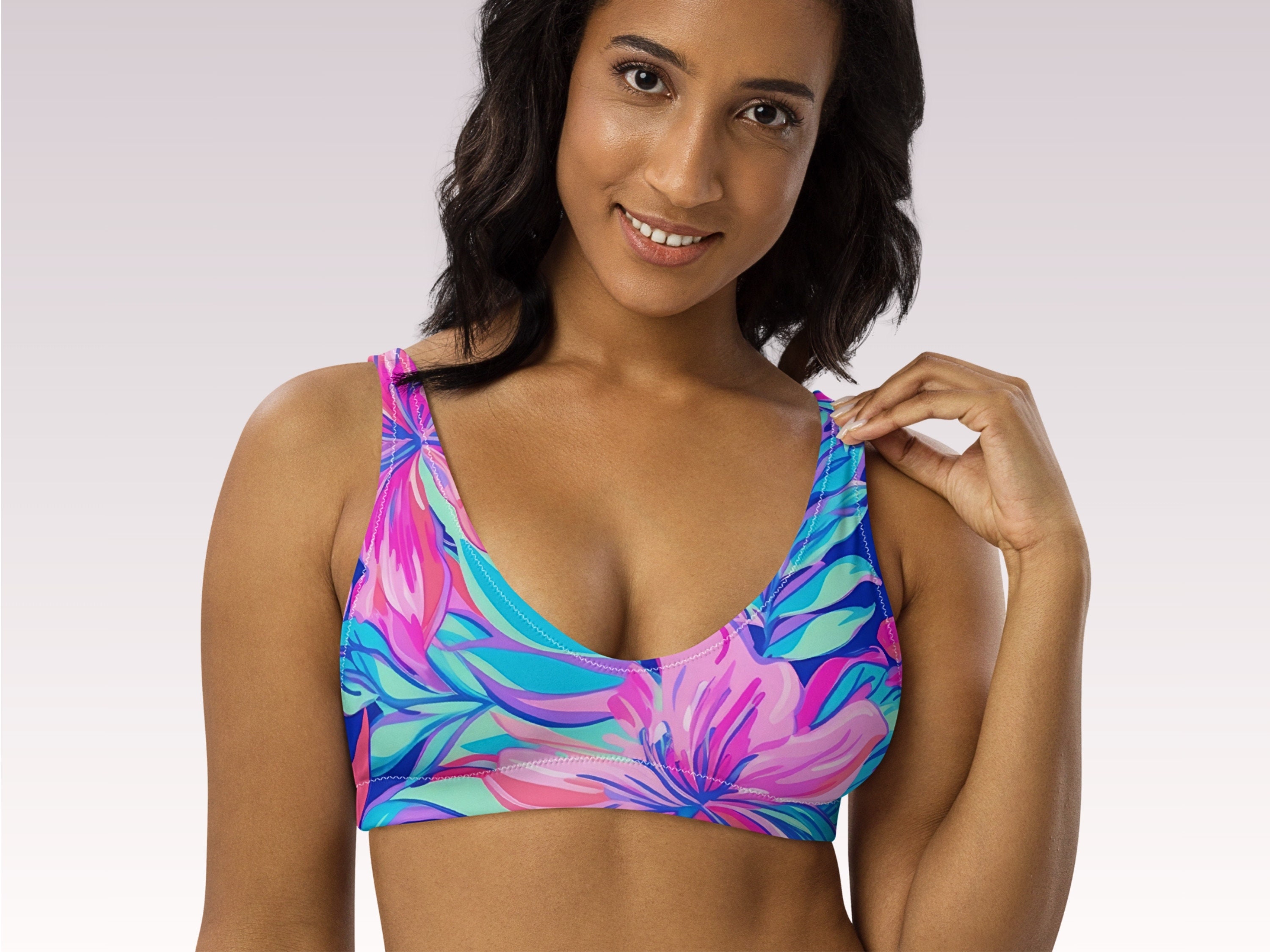 Tropical Floral Bikini Pink Blue Print High Waist Bikini Set Womens