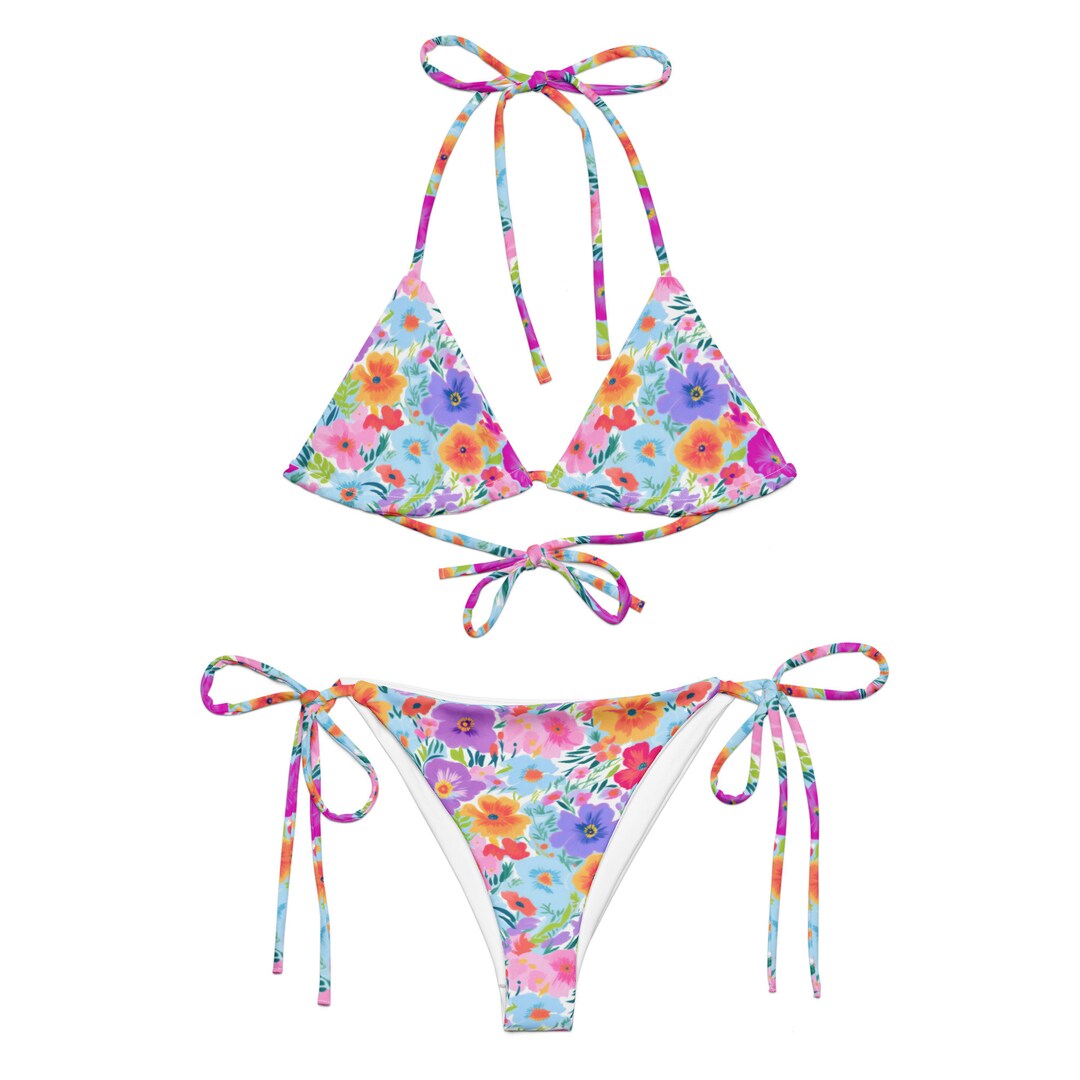 Boho Floral Bikini Cute Colorful Flower Print Classic String Bikini Set