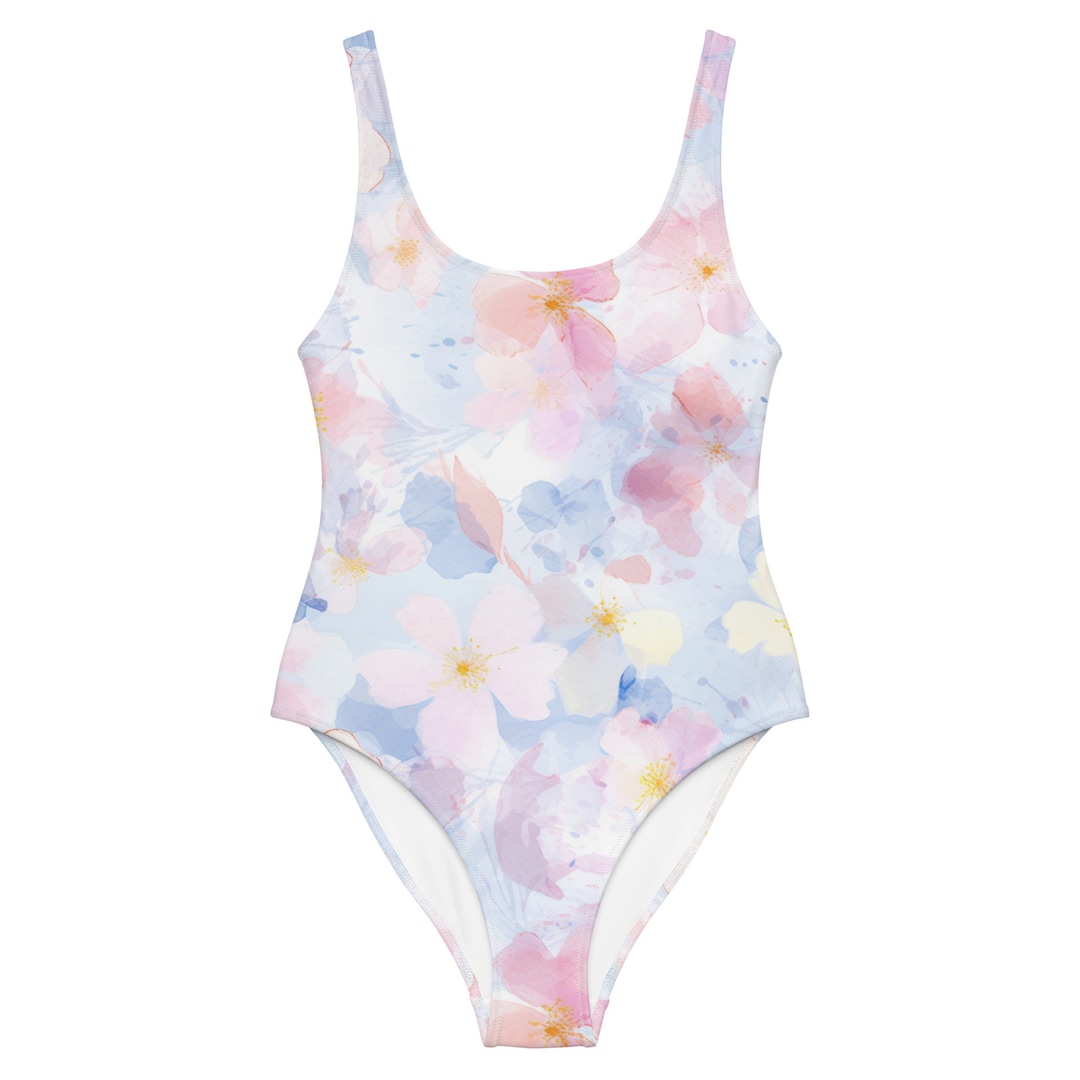 Watercolor Floral Print One Piece Swimsuit Pastels Womens Minimal ...