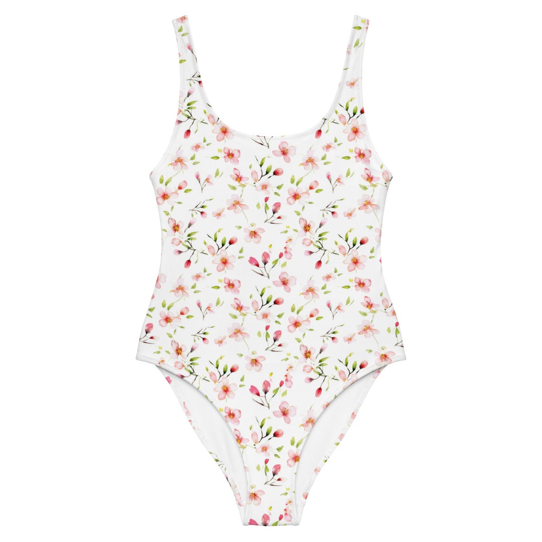 Floral Print One Piece Swimsuit Cherry Blossoms Womens Minimal Swimwear