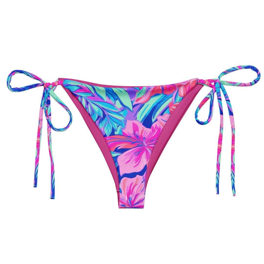 Tropical Bikini Bottom Pink Blue Floral String Bikini Bottom Medium