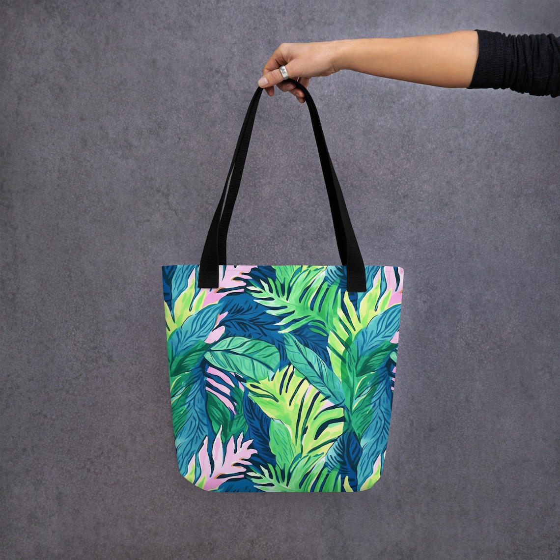 15X15 TOTE BAG Tropical Leaves Tote With Handles Durable Fabric Blue Green Pink High Quality for ...