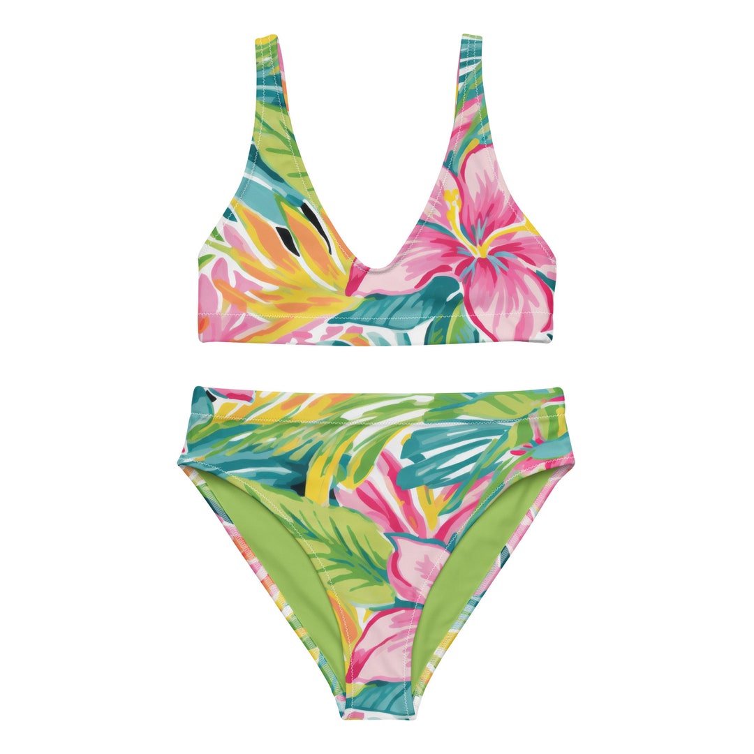 Tropical Floral Bikini Colorful Print High Waist Bikini Set Womens
