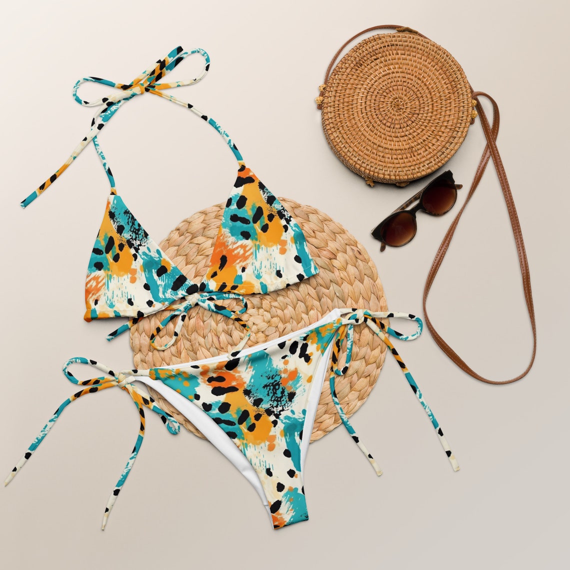 Animal Print Side Tie String Bikini Set Teal & Gold Womens Minimal ...