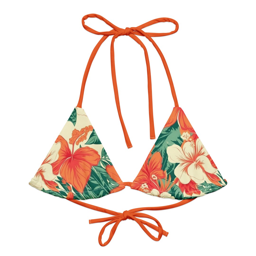 Tropical Floral Print String Bikini Top Orange Hibiscus Hawaiian Womens
