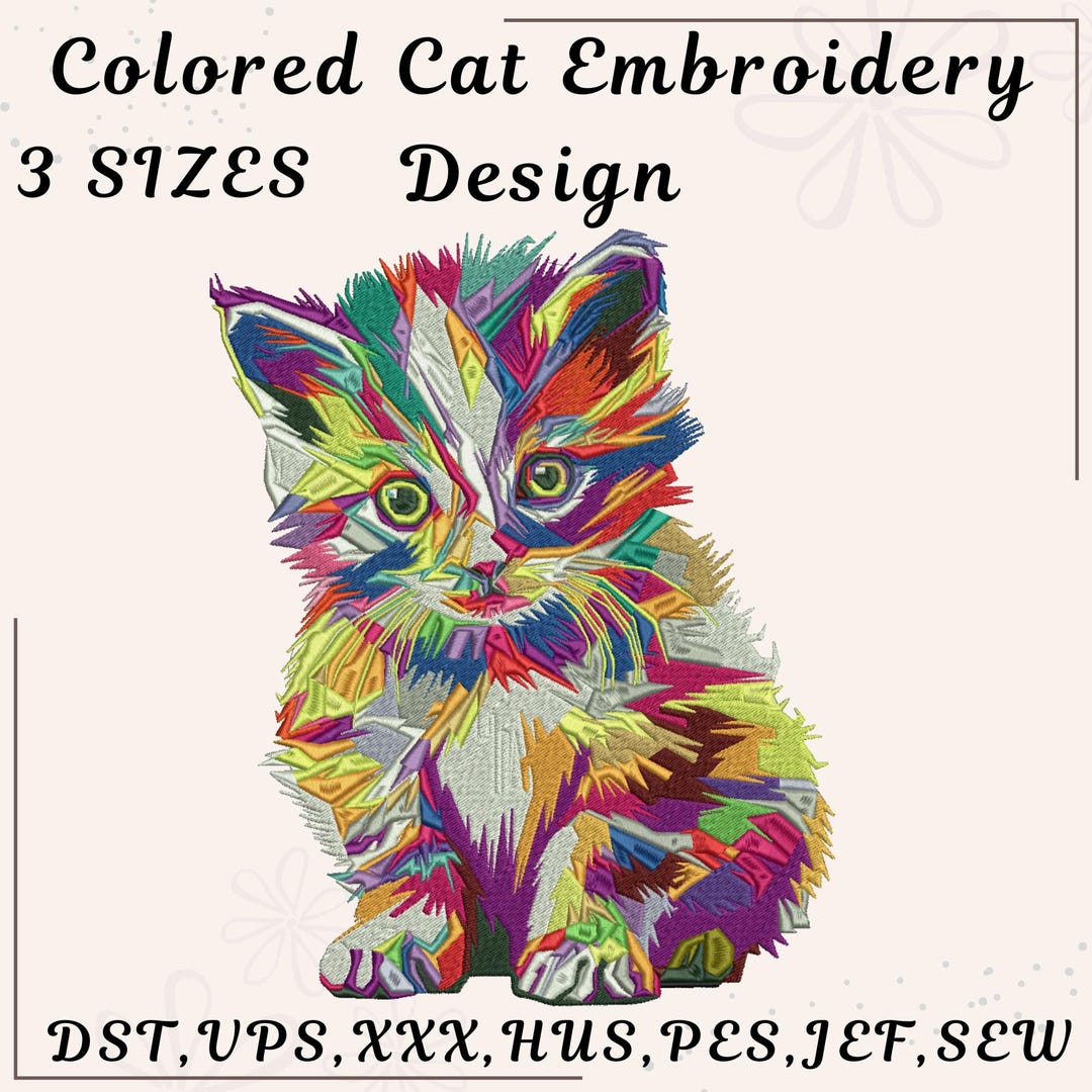 Cat Embroidery Design, Colored Cat Embroidery Design, Kitty Embroidery ...