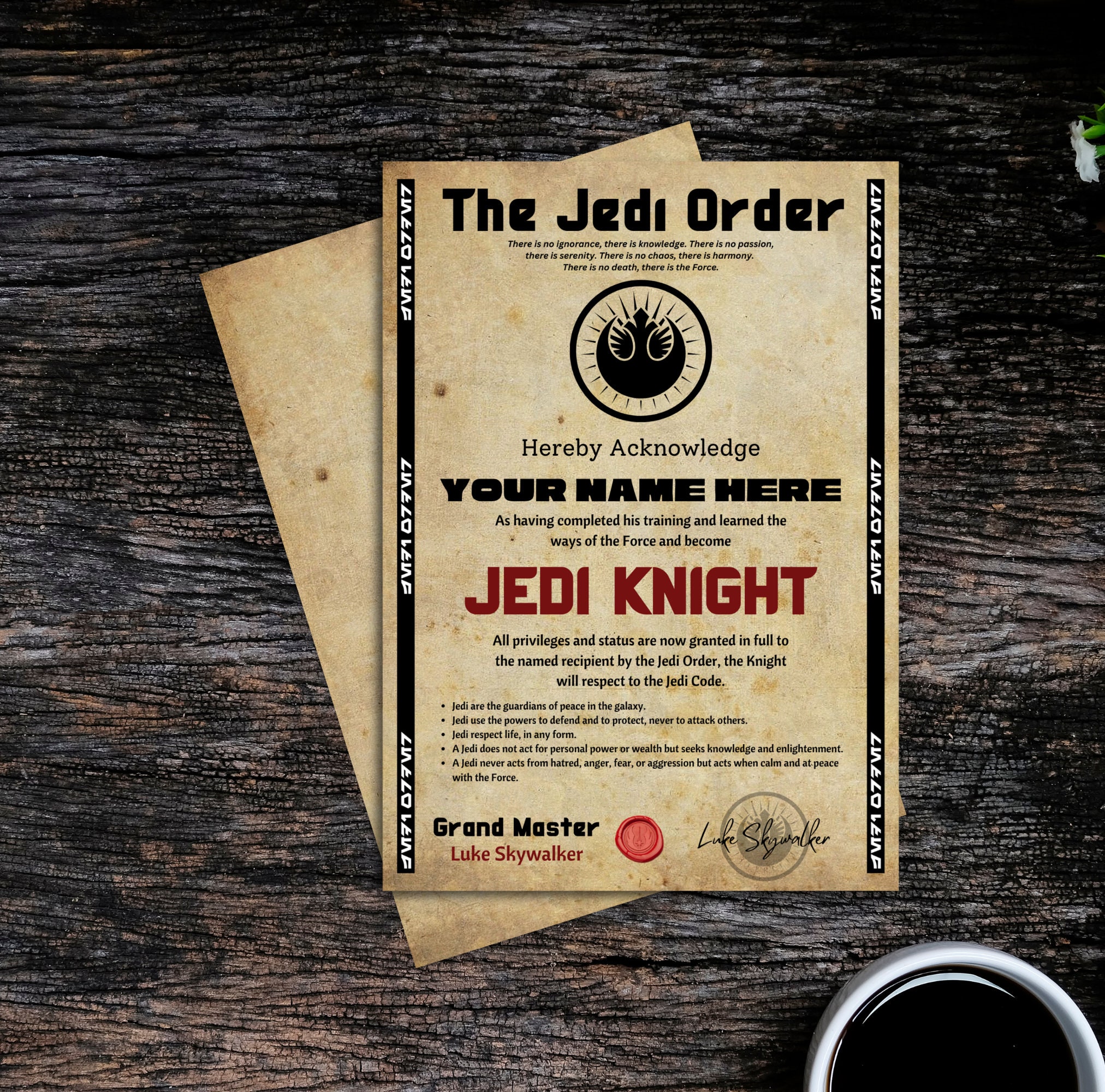 Personalized Star Wars Jedi Knight Certificate (PDF) - Etsy