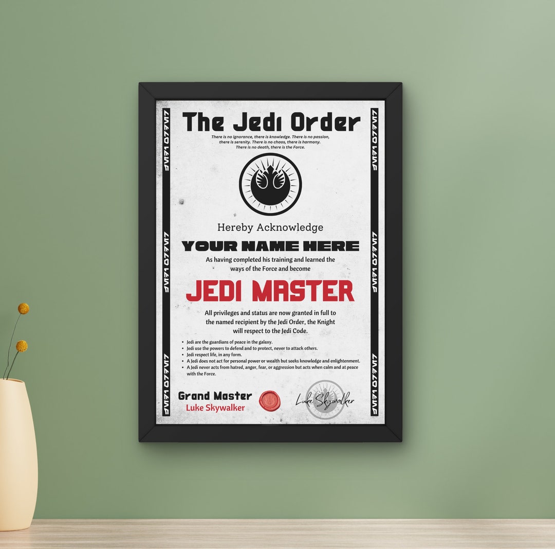 Star Wars Jedi Master Certificate Personalised With Your Name , Unigue ...