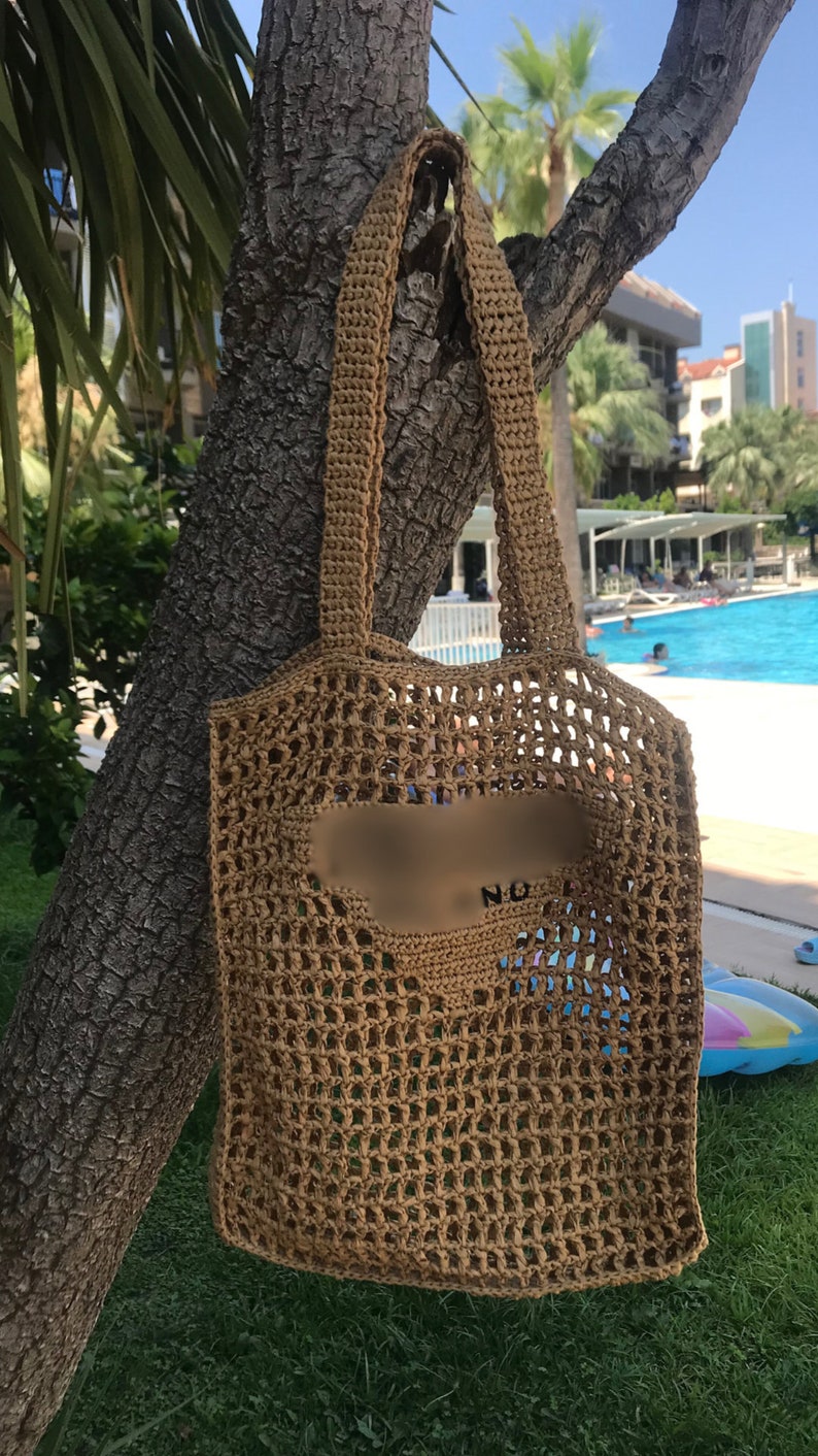 Crochet Raffia Tote Bag, Beach Raffia Bag, Personalized Hobo Bag, Mesh ...