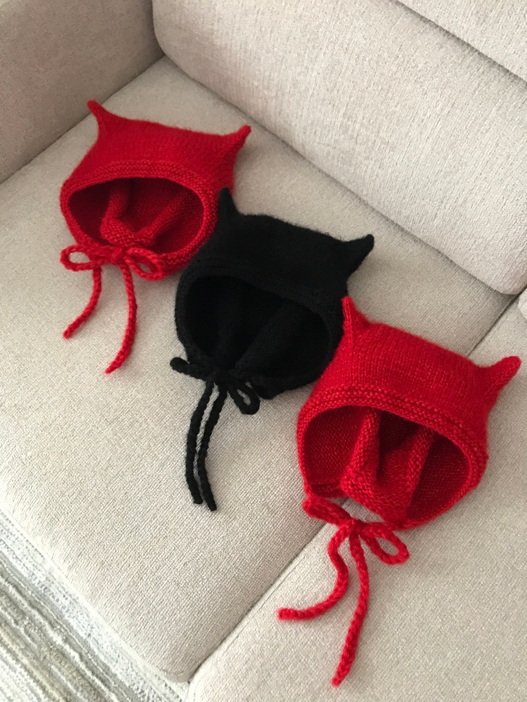 Devil Bonnet Red Knit Cat Bonnet Cat Ears Hat Mohair Knit Adult Bonnet ...