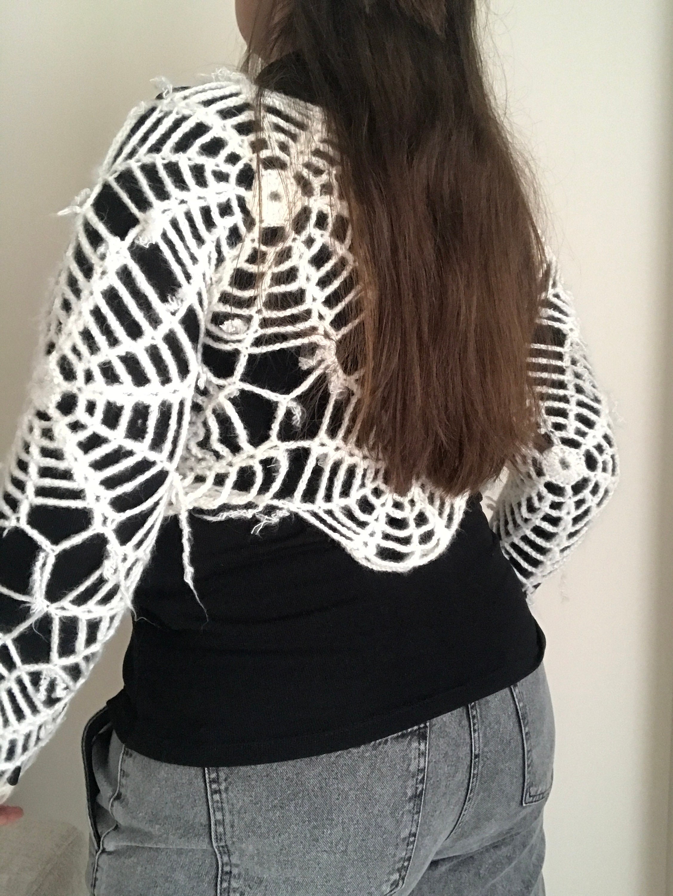Crochet Spiderweb Mesh Crop Top, Crochet Mesh Spiderweb Sleeves, Gothic ...