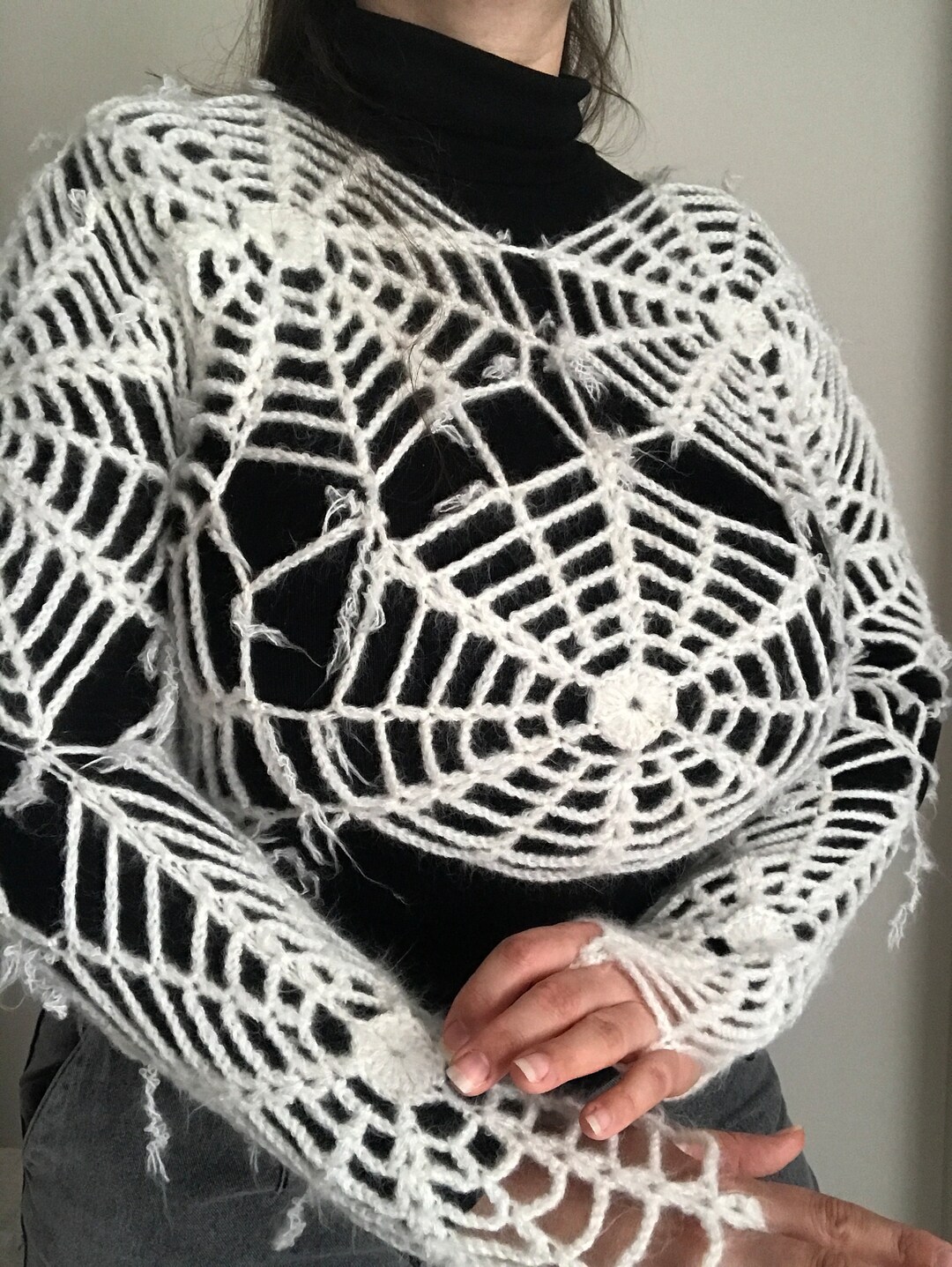 Crochet Spiderweb Mesh Crop Top, Crochet Mesh Spiderweb Sleeves, Gothic ...