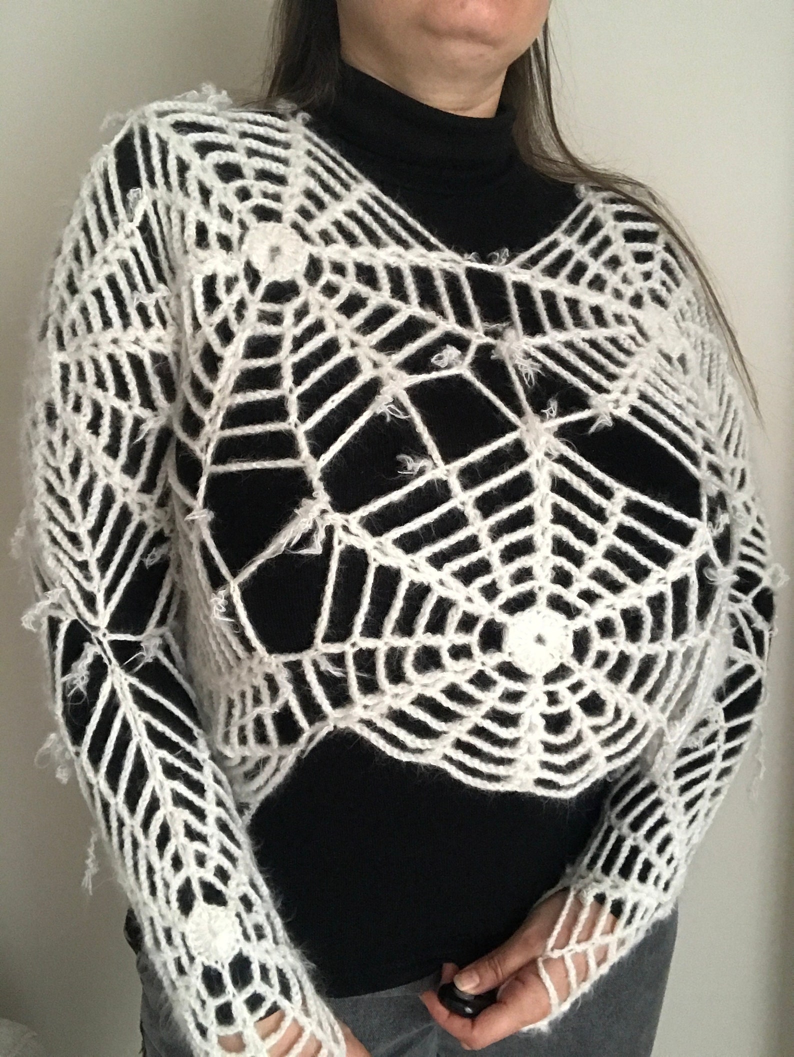 Crochet Spiderweb Mesh Crop Top, Crochet Mesh Spiderweb Sleeves, Gothic ...