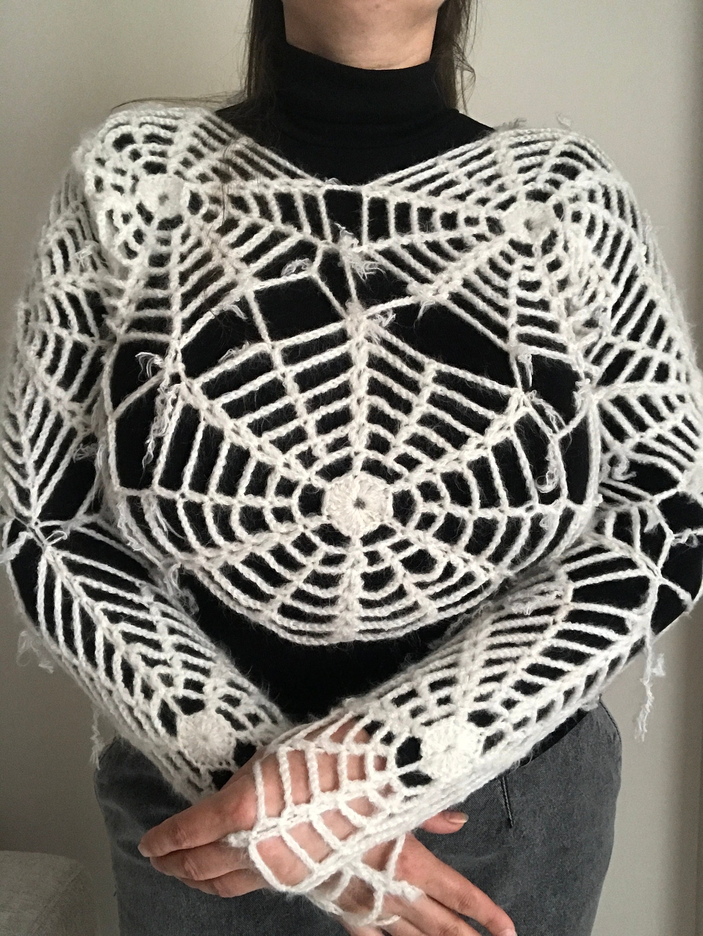 Crochet Spiderweb Mesh Crop Top, Crochet Mesh Spiderweb Sleeves, Gothic ...