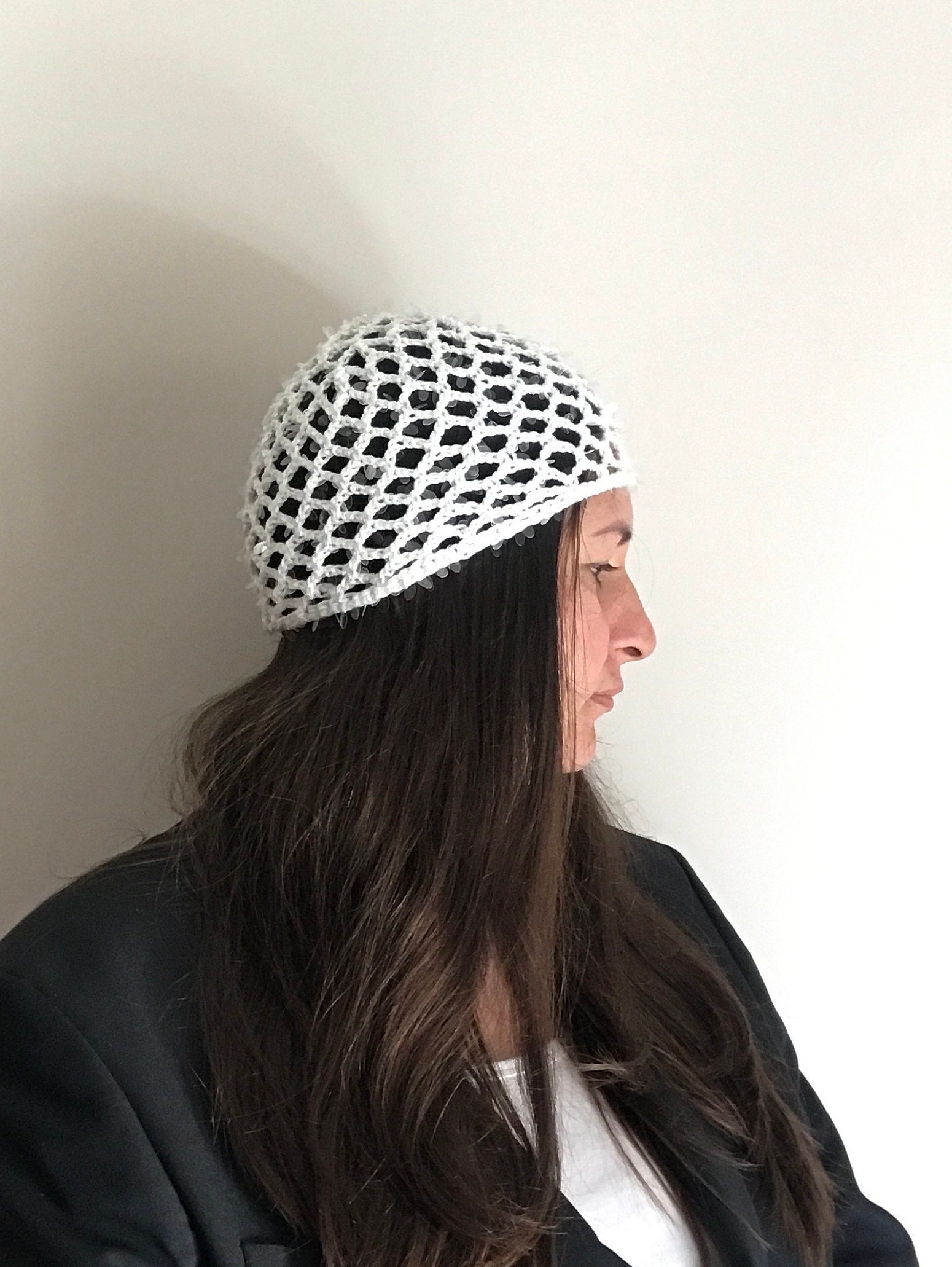 Crochet Mesh Hat With Sequins, Crochet Skull Cap, Crochet Mesh Beanie ...