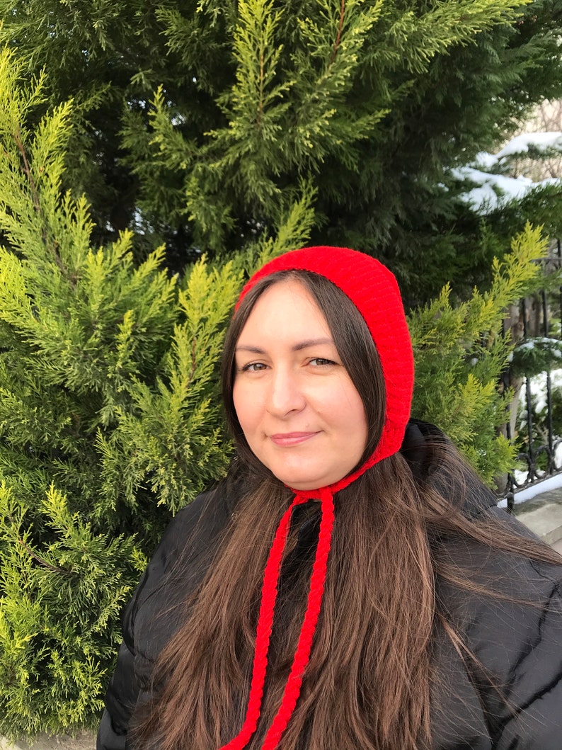 Knit Bonnet for Adult, Bow Tie Bonnet, Handmade Red Bonnet, Winter ...