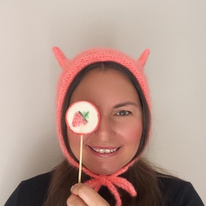 Devil Bonnet Red Knit Cat Bonnet Cat Ears Hat Mohair Knit Adult Bonnet ...