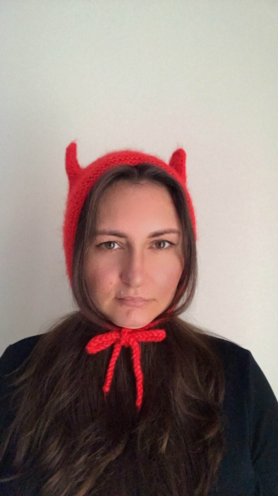 Devil Bonnet Red Knit Cat Bonnet Cat Ears Hat Mohair Knit Adult Bonnet ...