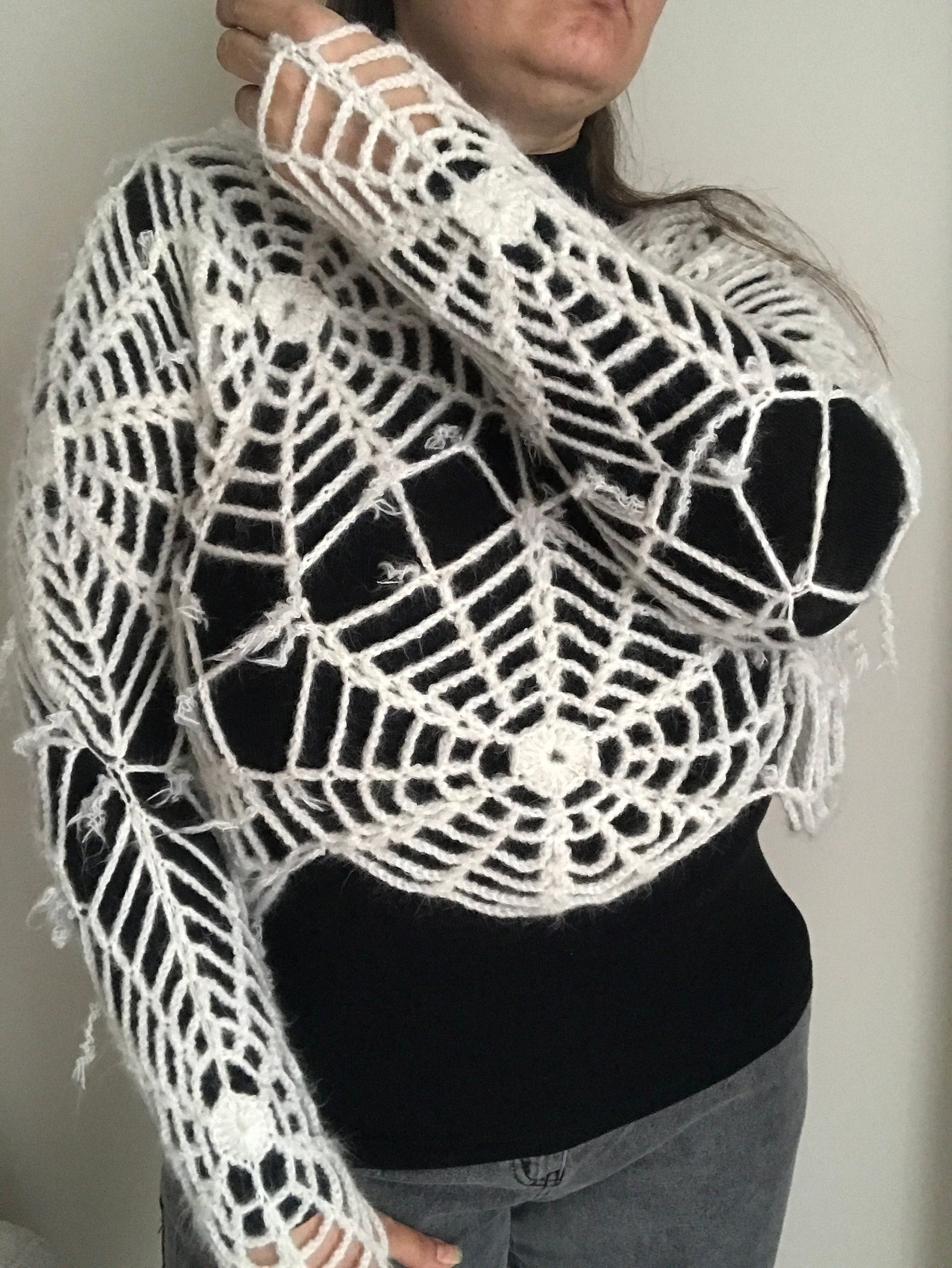 Crochet Spiderweb Mesh Crop Top, Crochet Mesh Spiderweb Sleeves, Gothic ...