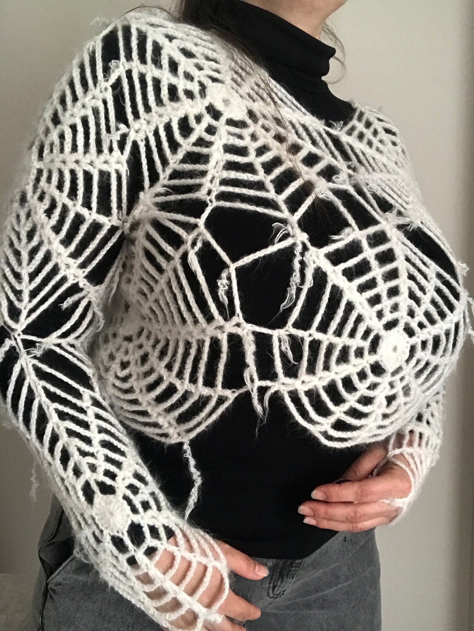 Crochet Spiderweb Mesh Crop Top, Crochet Mesh Spiderweb Sleeves, Gothic ...