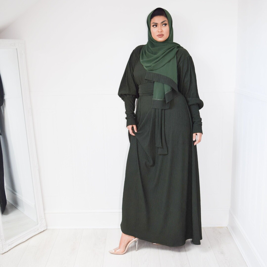 Ava Puff Sleeve Textured Abaya in Forest Green - Etsy