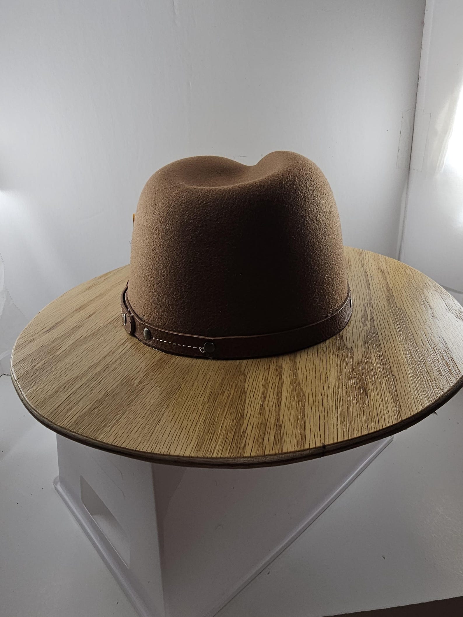 WIDE BRIM Leather Band Fedora HAT, Real Oak Rustic Wooden Brim Felt Hat ...