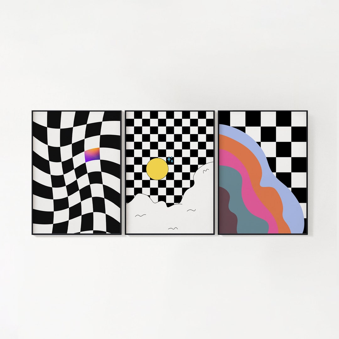 Checkered Wall Art, Digital Poster Pack, Retro Checkered Print, Set of ...