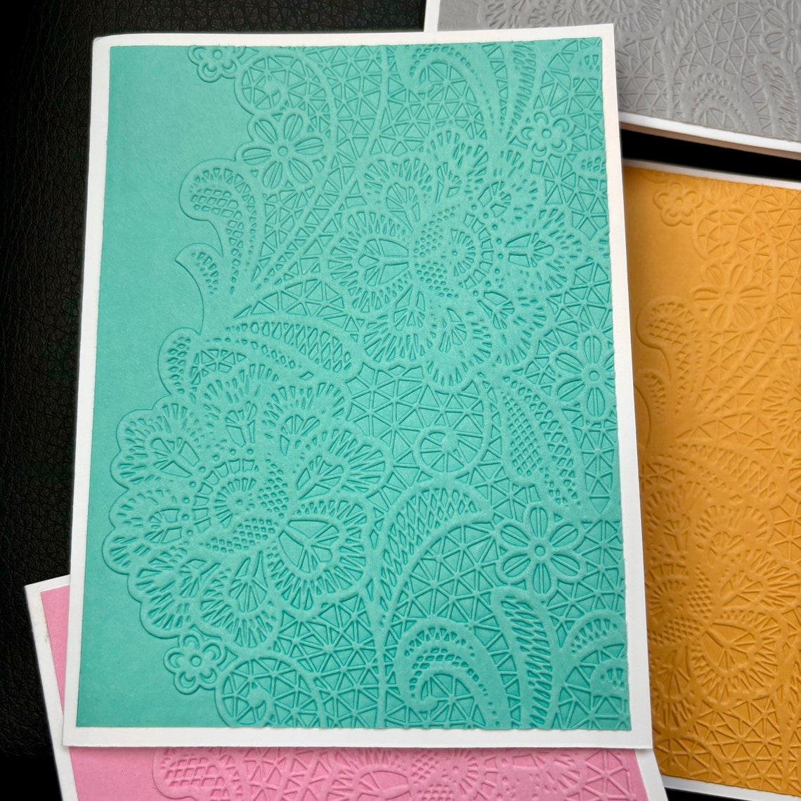 Set of 4 Handmade Greeting Cards Embossed Flowers Lace Design in Teal ...