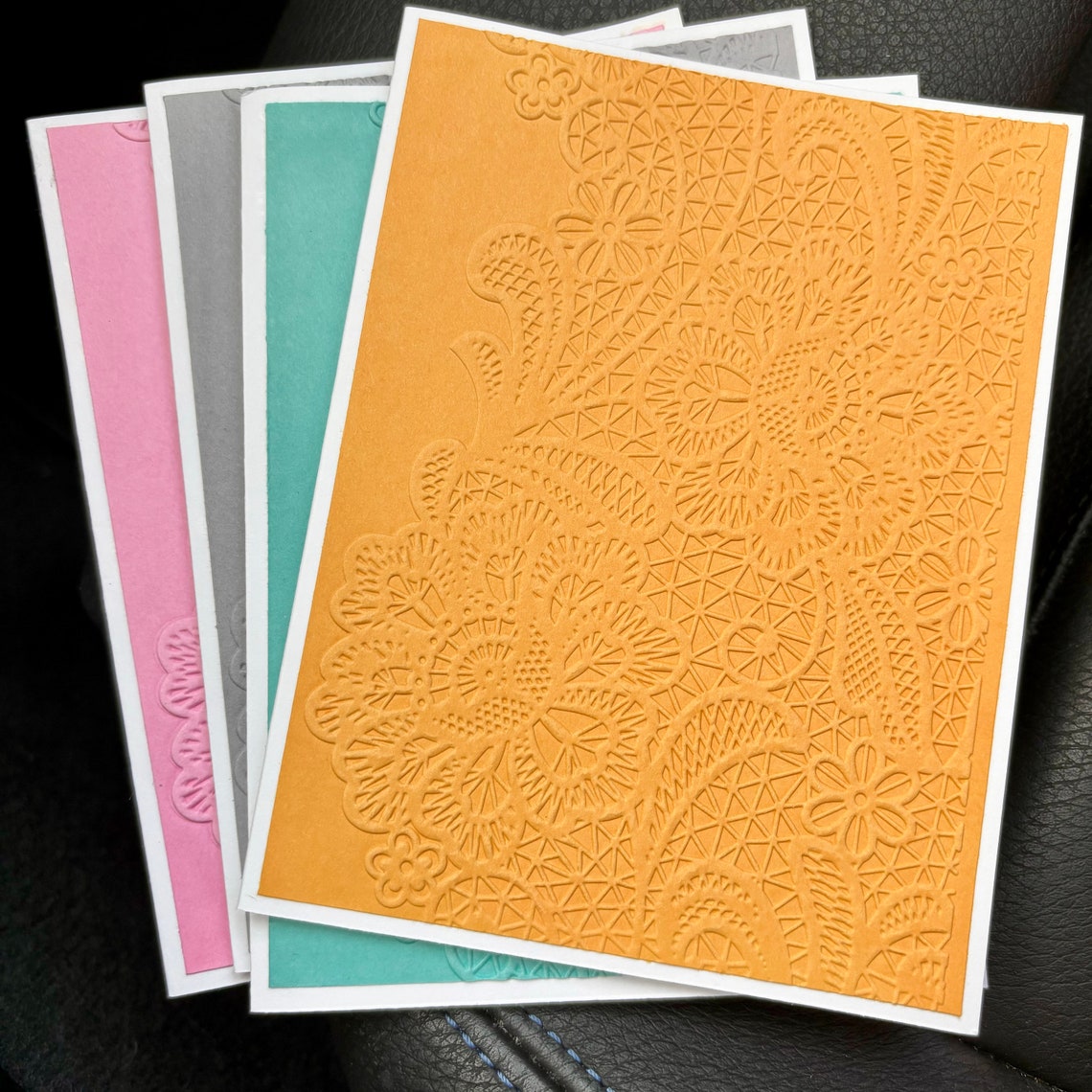 Set of 4 Handmade Greeting Cards Embossed Flowers Lace Design in Teal ...