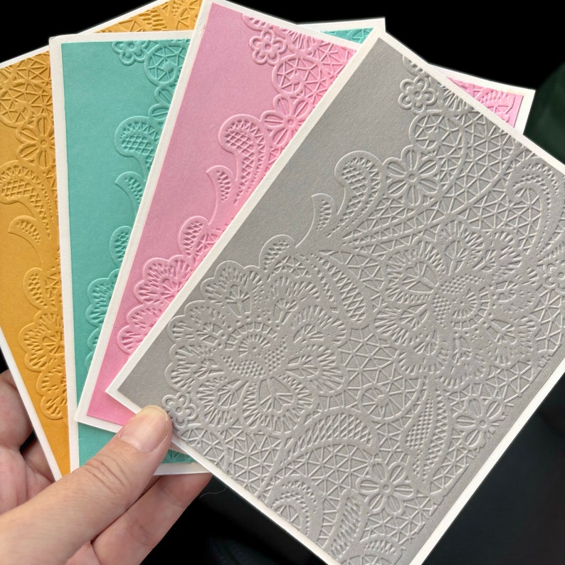 Set of 4 Handmade Greeting Cards Embossed Flowers Lace Design in Teal ...