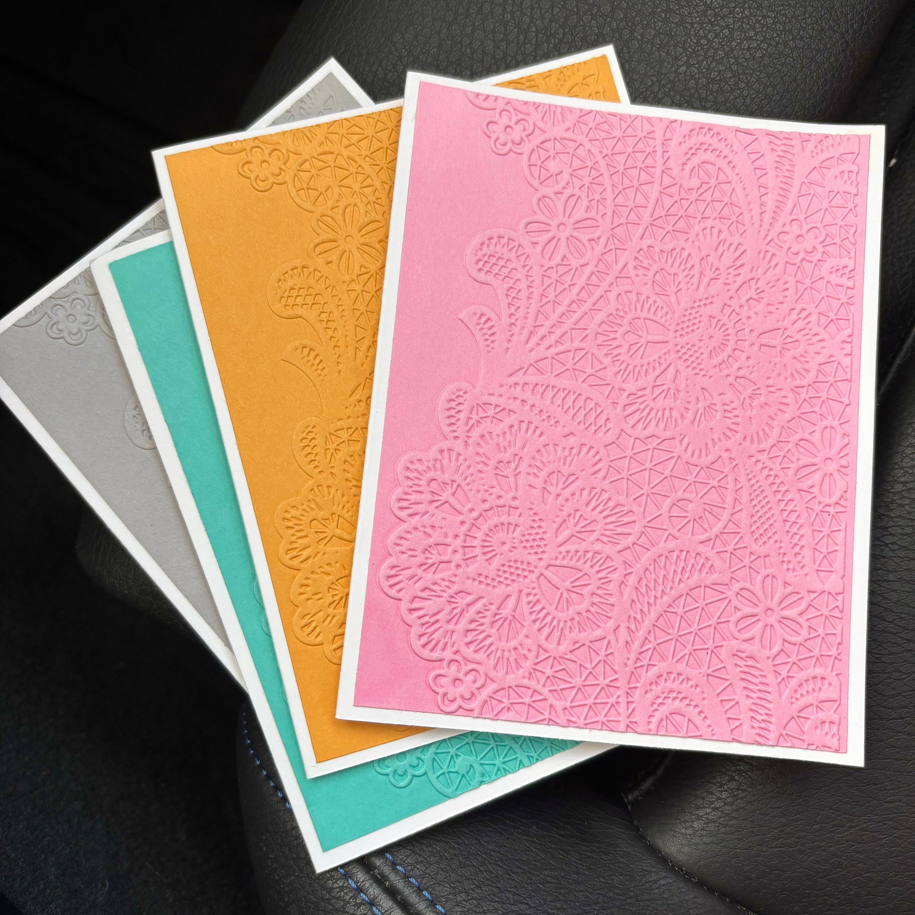 Set of 4 Handmade Greeting Cards Embossed Flowers Lace Design in Teal ...