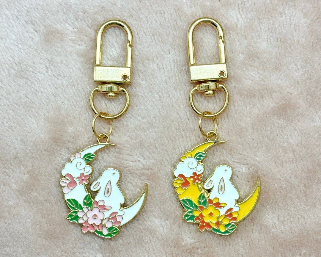 Cute Pink or Yellow Floral Moon Rabbit Key Ring - Etsy
