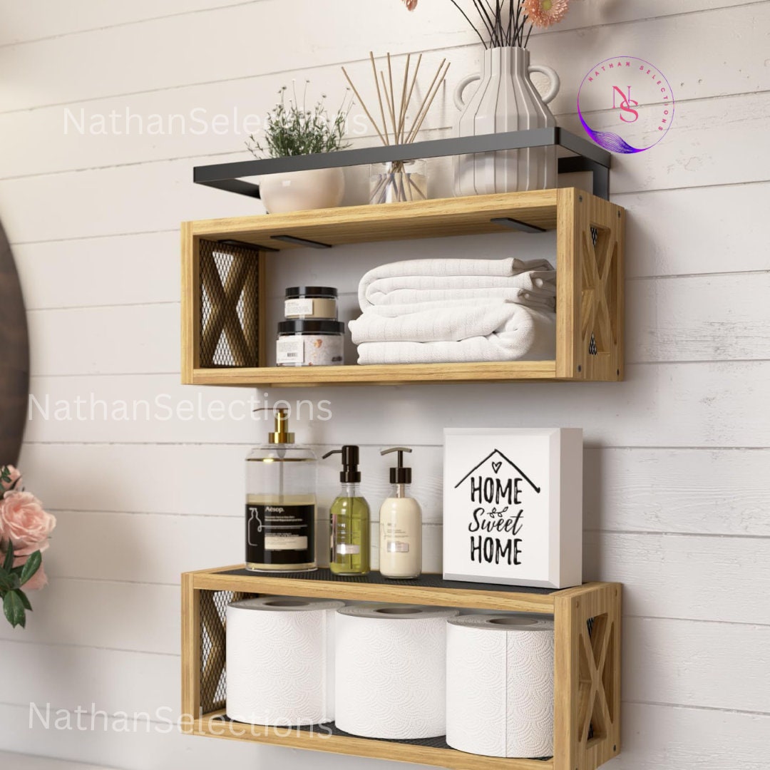 Set of 2 Wooden Floating Shelves Cube Bathroom Shelves Farmhouse ...