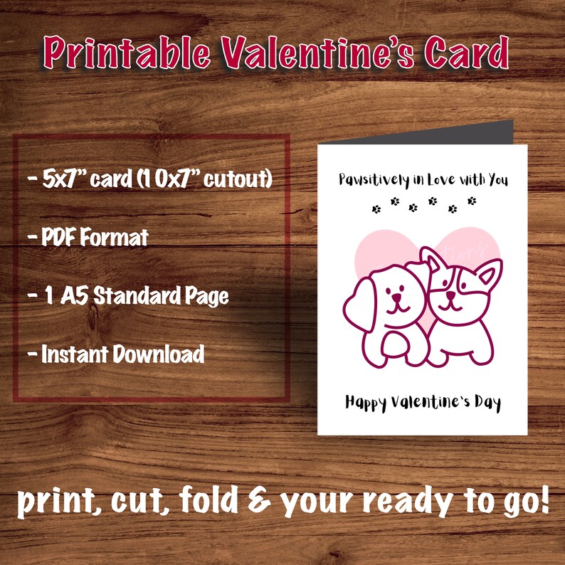 Pawsitively in Love Printable Valentines Card, Cute Pun Dog Pet Lovers ...