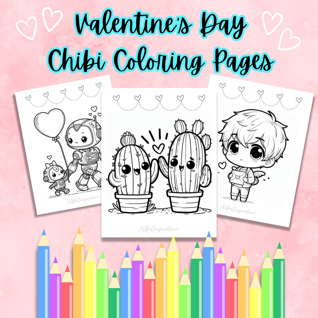 Chibi Valentines Day Coloring Pages, Digital Download, Cute Kawaii ...