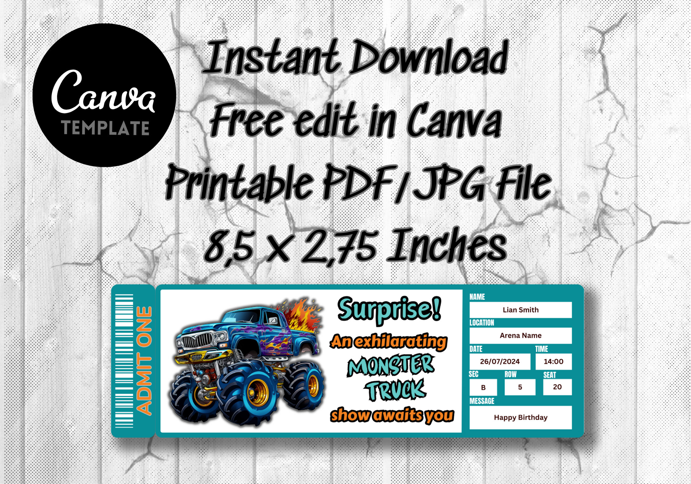 Printable Monster Truck Ticket Template, Surprise! Monster Truck Ticket ...